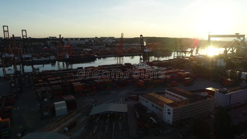 Aerial View of Modern Container Port Docks at Sunrise. Harbor and ...