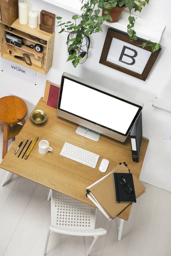 Aerial View of Modern Creative Workspace. Stock Image - Image of ...