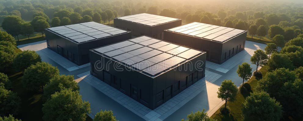 Aerial View of Modern Data Center with Solar Panels on Rooftops ...