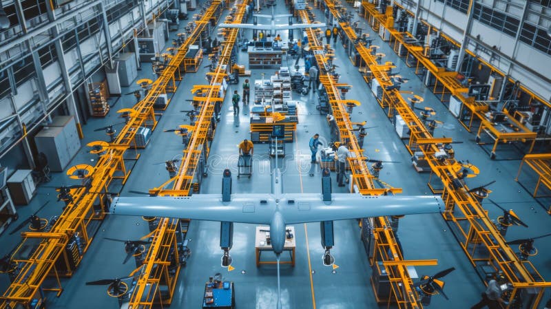Aerial View of a Modern Drone Factory with Rows of Advanced Drones on ...