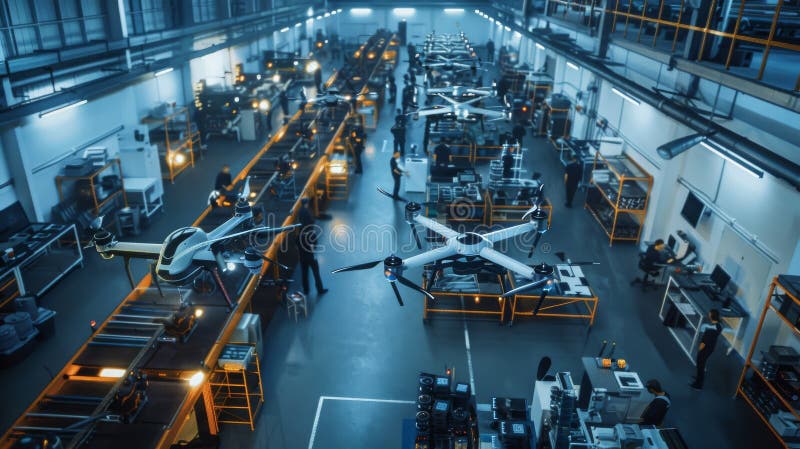 Aerial View of a Modern Drone Factory with Rows of Advanced Drones on ...