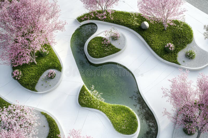 Aerial View of a Modern Garden with Water Features and Flowering Trees ...