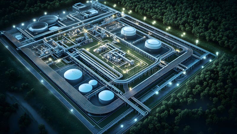 Aerial View of a Modern Gas Processing Facility with Illuminated ...