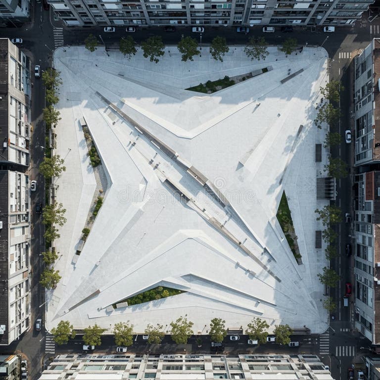 Aerial View of a Modern, Geometric Plaza Featuring Sharp, Angular ...