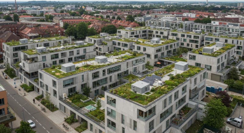 Aerial View of Modern Green Rooftop Apartment Complex Stock ...