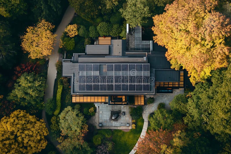 Aerial View of Modern House with Solar Panels Surrounded by Autumn ...