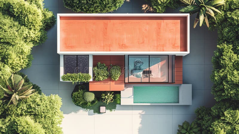 Aerial View of a Modern House with a Swimming Pool and Lush Greenery ...