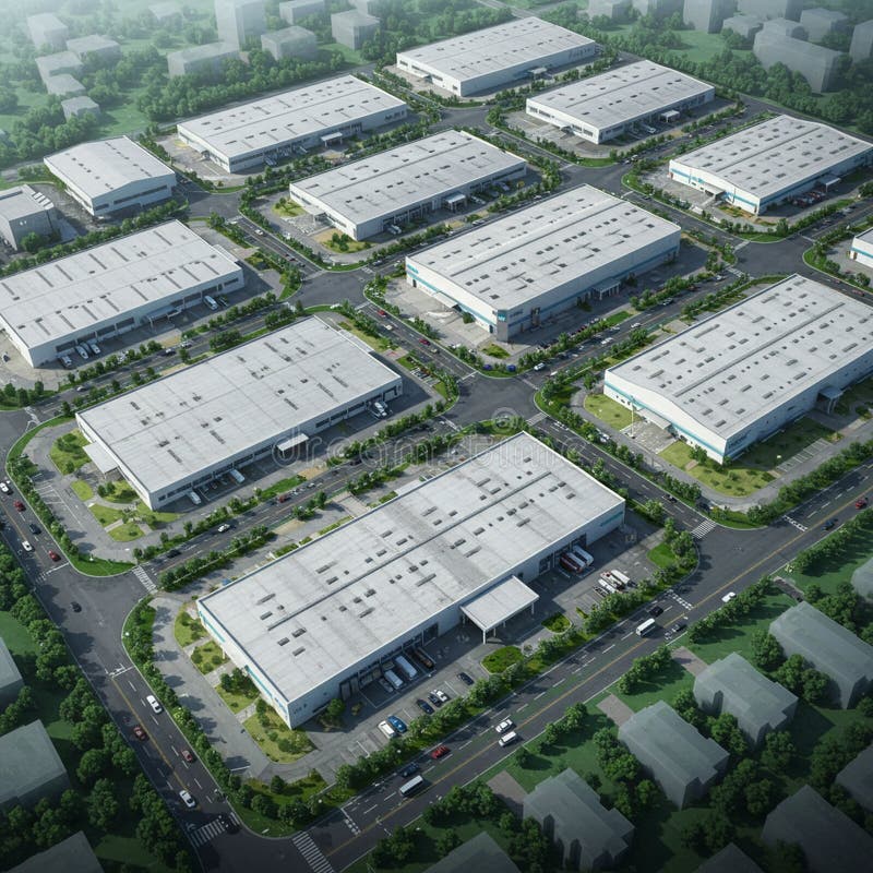 Aerial View of a Modern Industrial Complex Featuring Multiple Large ...