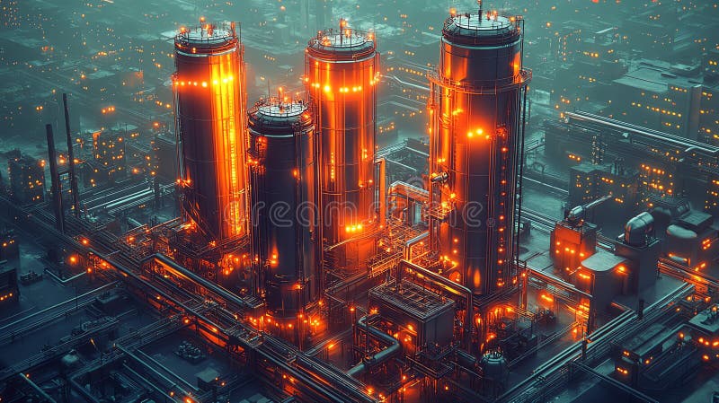 Aerial View of a Modern Industrial Complex Illuminated at Night with ...