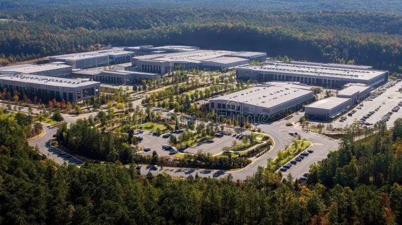 Aerial View of a Modern Industrial Complex Surrounded by Trees and ...