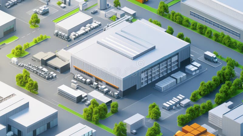 Aerial View of a Modern Industrial Complex with Warehouses and Delivery ...