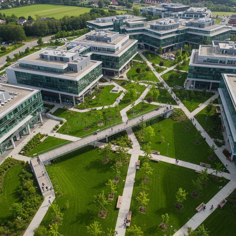 Aerial View of a Modern Office Complex with Multiple Interconnected ...