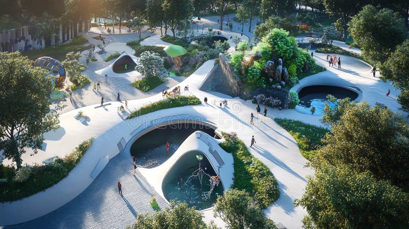 Aerial View of a Modern Park with Winding Paths and Green Spaces Stock ...