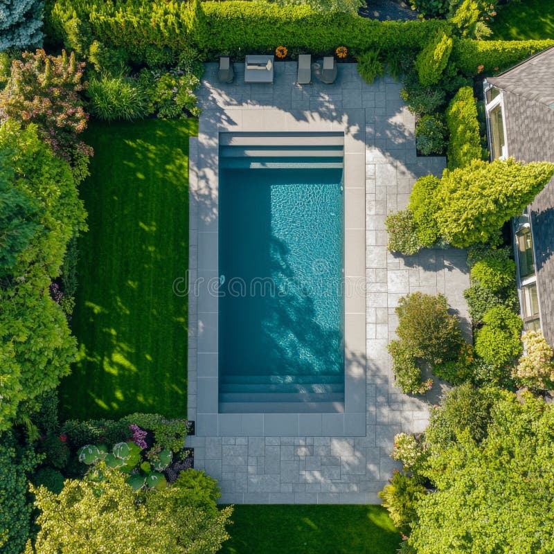 Aerial View of Modern Pool with Lush Landscaping and Elegant Patio ...