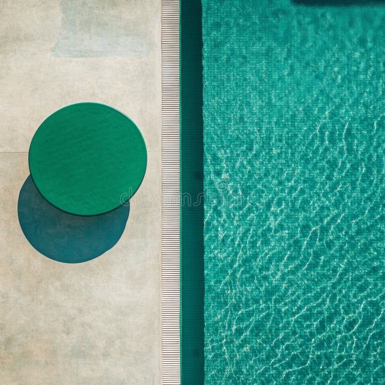 Aerial View of Modern Poolside with Round Table and Clear Blue Water ...