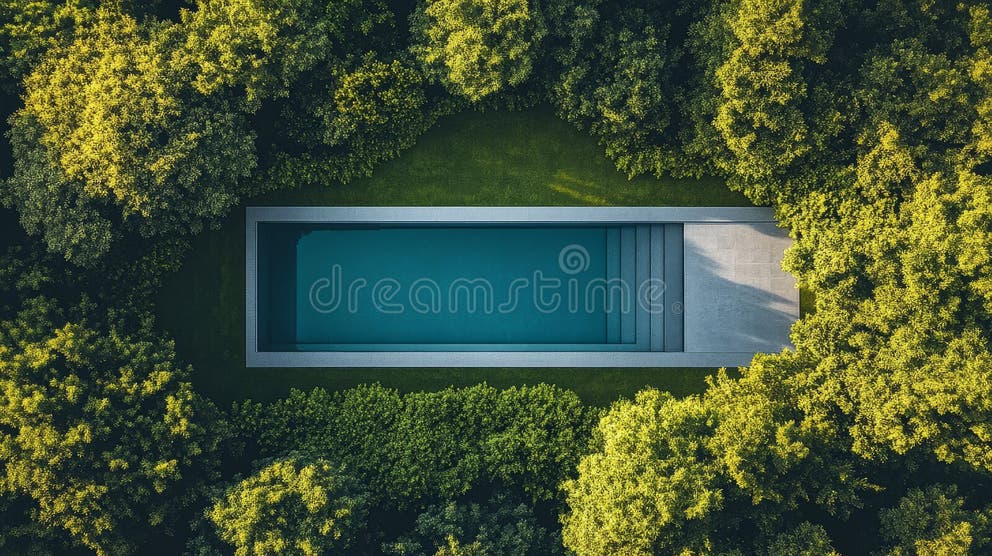 Aerial View of a Modern Rectangular Swimming Pool Surrounded by Trees ...