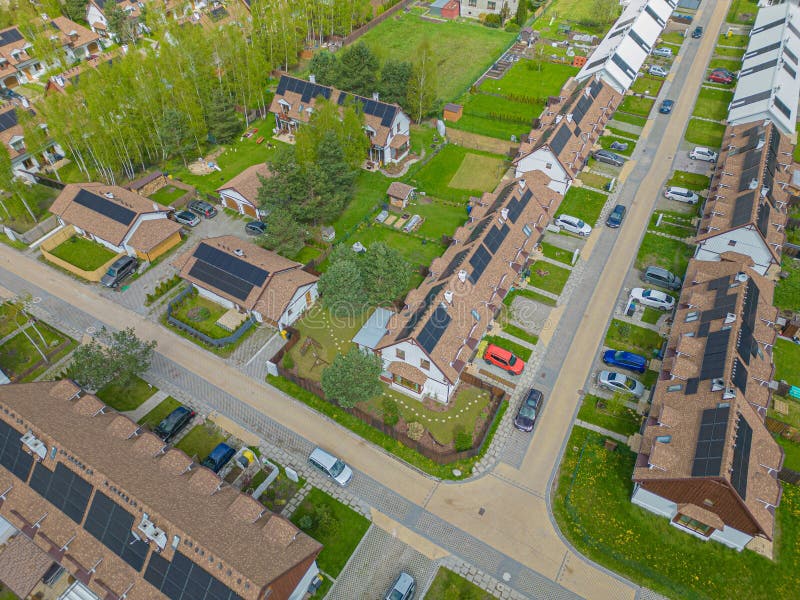 Aerial View of Modern Residential Area with Solar Panels Stock Image ...