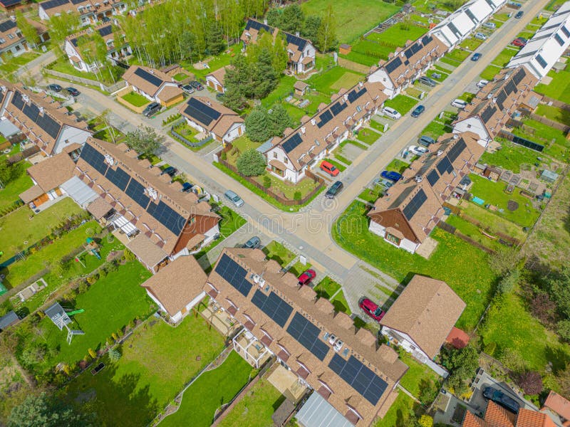 Aerial View of Modern Residential Area with Solar Panels Stock Photo ...