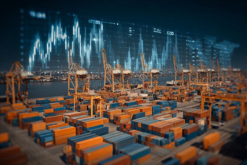 Aerial View of a Modern Seaport with Data Graphs and Communication ...