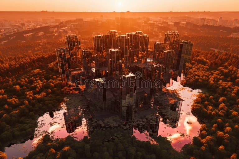 Aerial View of Modern Skyscraper Cluster at Sunset Stock Illustration ...