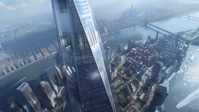 Aerial View of a Modern Skyscraper Overlooking a City and River Stock ...