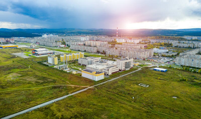 Aerial View of Modern Small Town. Sunset Over City Stock Photo - Image ...