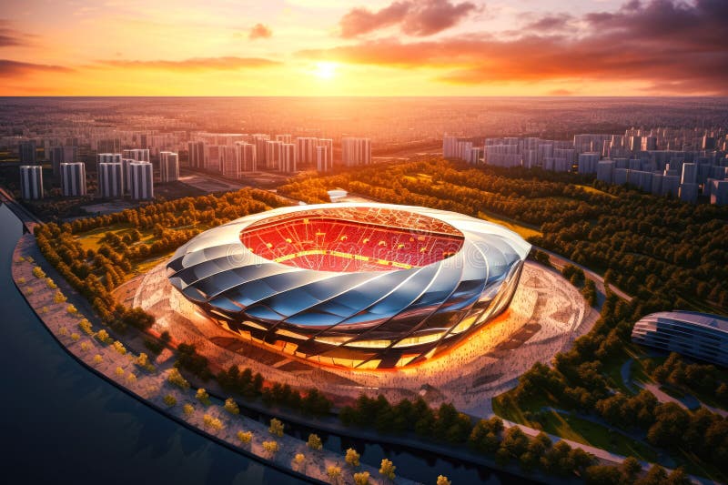 Aerial View of the Modern Stadium at Sunset Stock Illustration ...