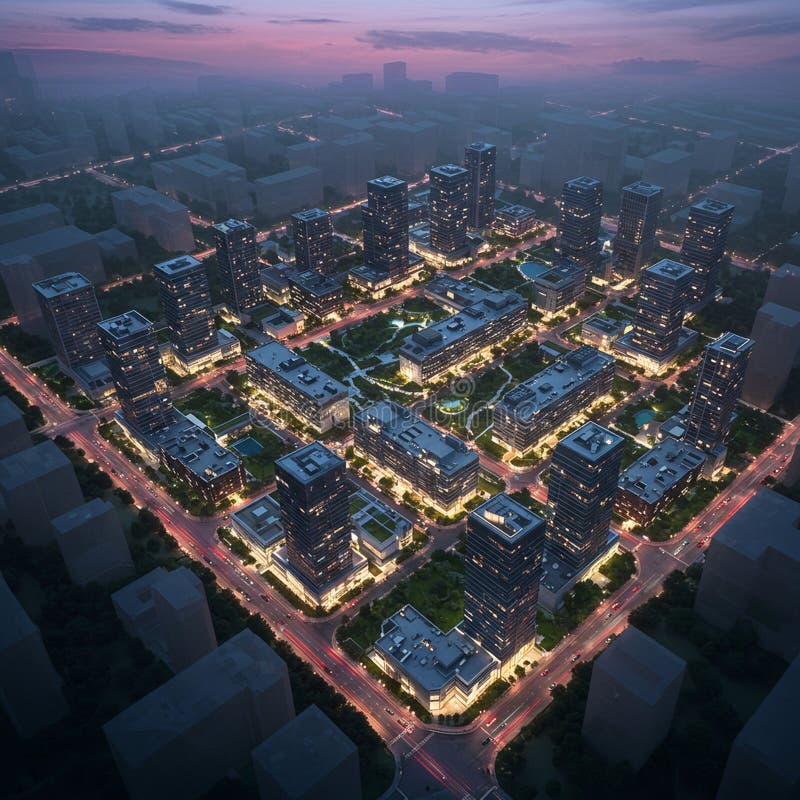 Aerial View of a Modern Urban Landscape Featuring a Grid of Illuminated ...