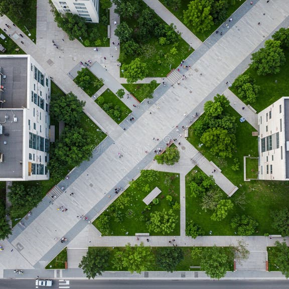 Aerial View of a Modern Urban Park with Intersecting Diagonal Pathways ...