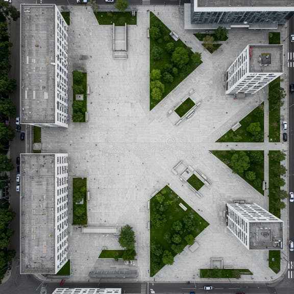 Aerial View of a Modern Urban Plaza with Geometric Design, Featuring ...