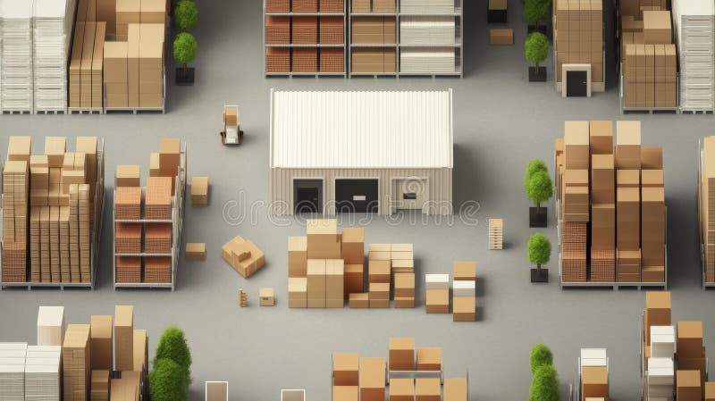 Aerial View of a Modern Warehouse with Stacked Boxes and Pallets ...