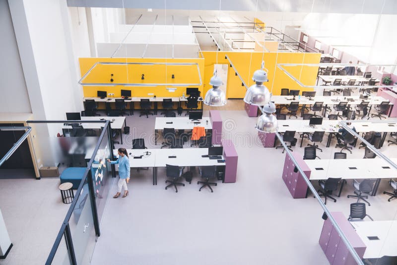 Aerial View of Modern Workspace with Lady Analyzing Chart on Glass Wall ...