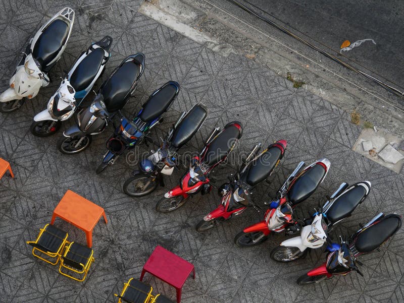 Aerial View of Motorbikes Parked in Line Stock Image - Image of ...