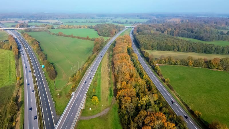 Aerial View on the A7 Motorway in Northern Germany between Fields and ...