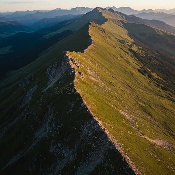 Aerial View of a Mountain Ridge during Golden Hour, with Sunlight ...