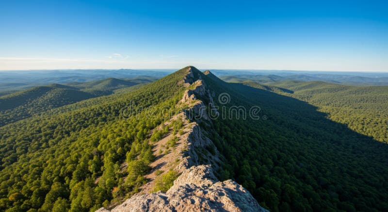 Aerial View of Mountain Ridge, Lush Green Forest, Blue Sky Stock ...