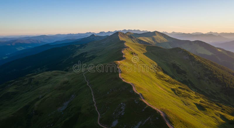 Aerial View of Mountain Ridge Trail at Sunrise Stock Illustration ...
