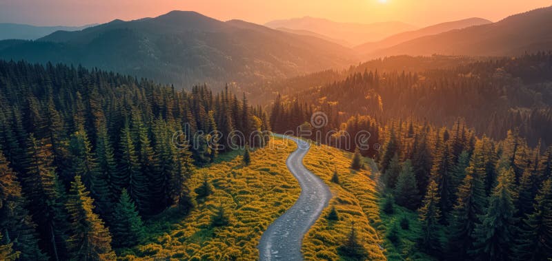 Aerial View of Mountain Road in Forest at Sunset in Autumn Stock ...