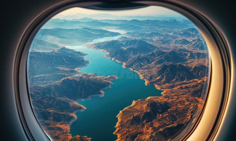 Aerial View Mountains, River, and Landscape from Airplane Window Stock ...