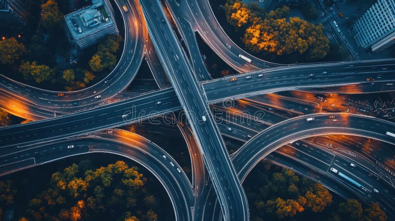 Aerial View of a Multi-Lane Highway Interchange at Night with Light ...
