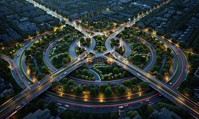 Aerial View of a Multi-level Highway Interchange with Curving Ramps ...