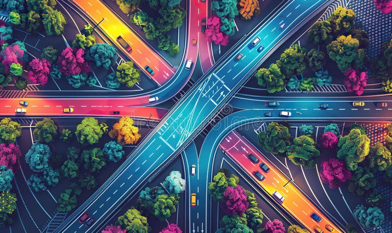 Aerial View of a Multi-level Highway Interchange with Curving Ramps ...