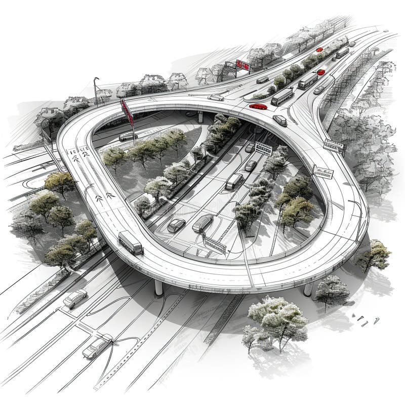 Aerial View of a Multi-level Highway Interchange with Curving Ramps ...