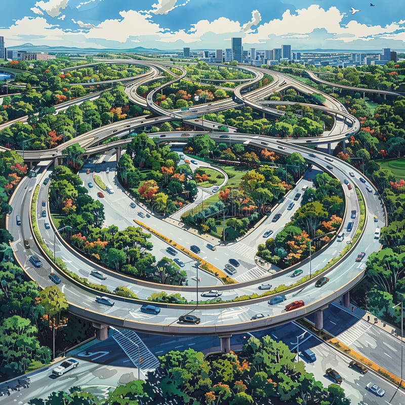 Aerial View of a Multi-level Highway Interchange with Curving Ramps ...