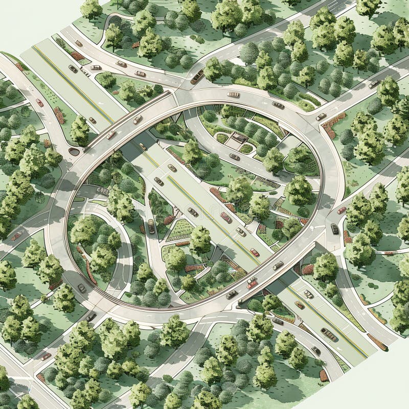 Aerial View of a Multi-level Highway Interchange with Curving Ramps ...