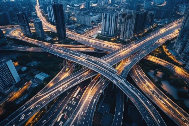 Aerial View Multi-level Road Junctions of City with Skyscrapers ...
