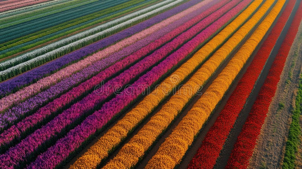 Aerial View of Multicolored Flower Fields in Diagonal Rows Stock ...
