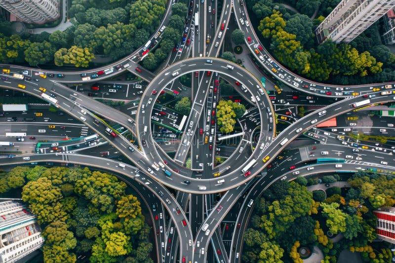 Aerial View of Multilevel Ring Road Interchange with Traffic Flowing ...