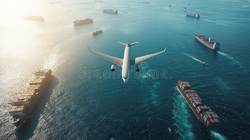 Aerial View of Multiple Cargo Ships and a Plane Over the Ocean during ...