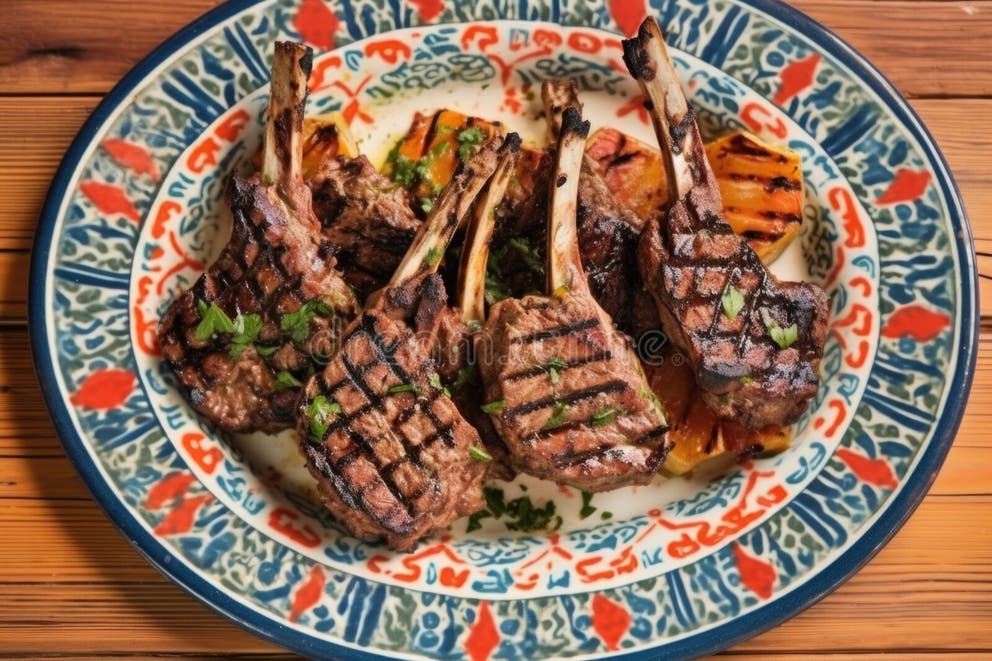 Aerial View of Multiple Grilled Lamb Chops on a Patterned Plate Stock ...